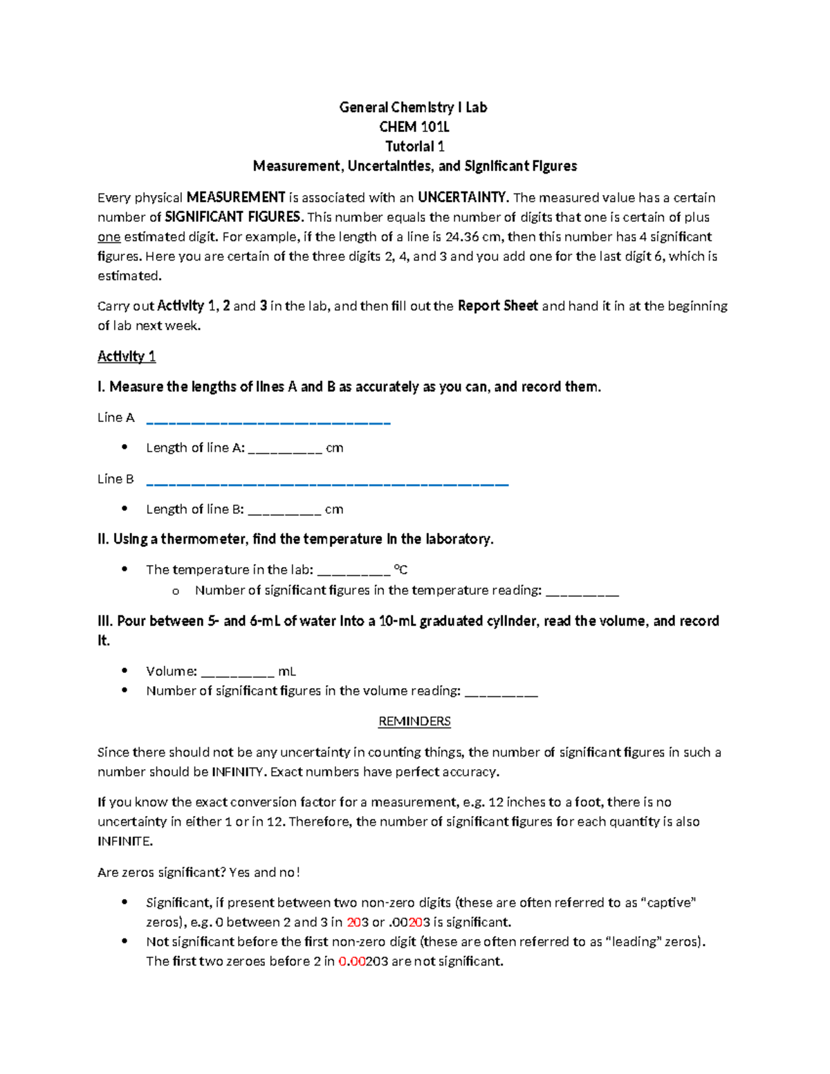 General Chemistry I Lab - CHEM 101L: Measurement & Sig Figs - Studocu
