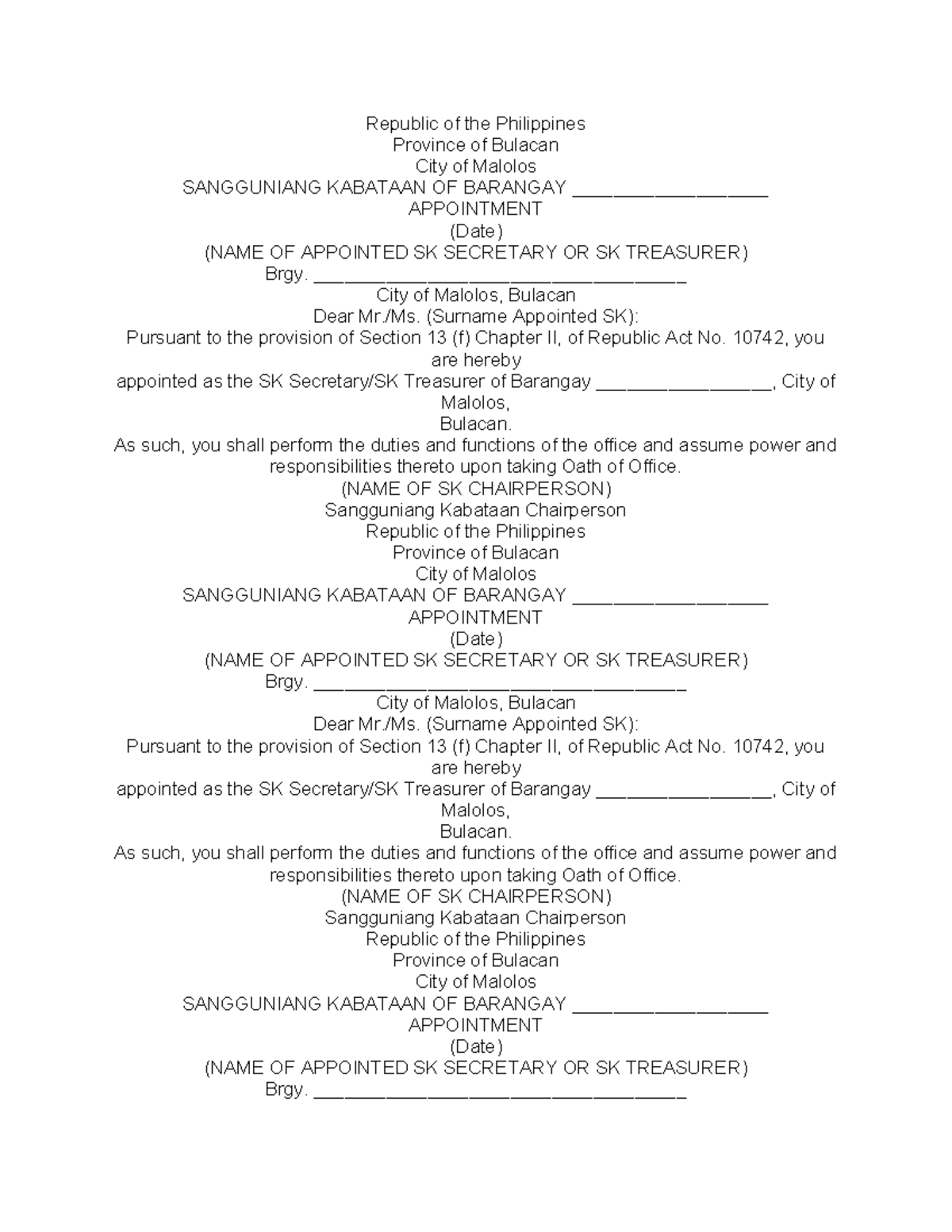 Appointment OF SK Secretary AND Treasurer - Republic of the Philippines ...