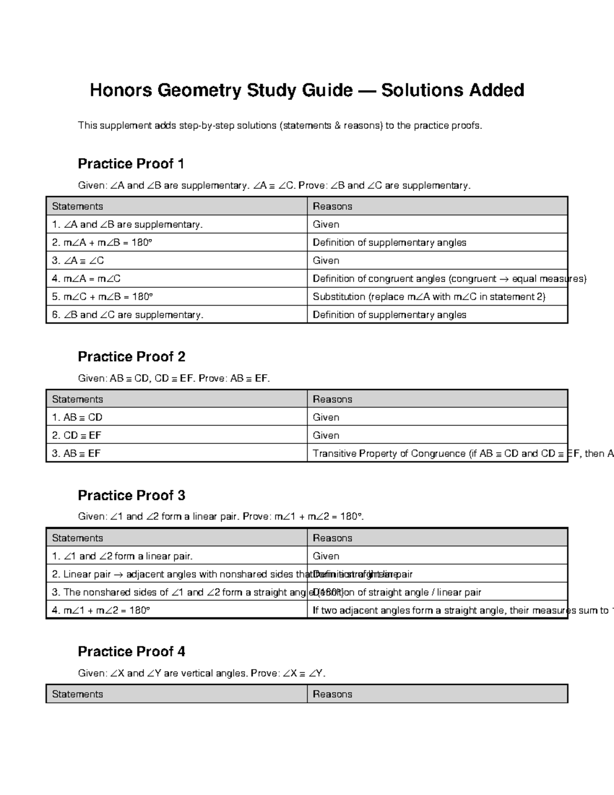Honors Geometry Study Guide: Proofs & Theorems Solutions - Studocu