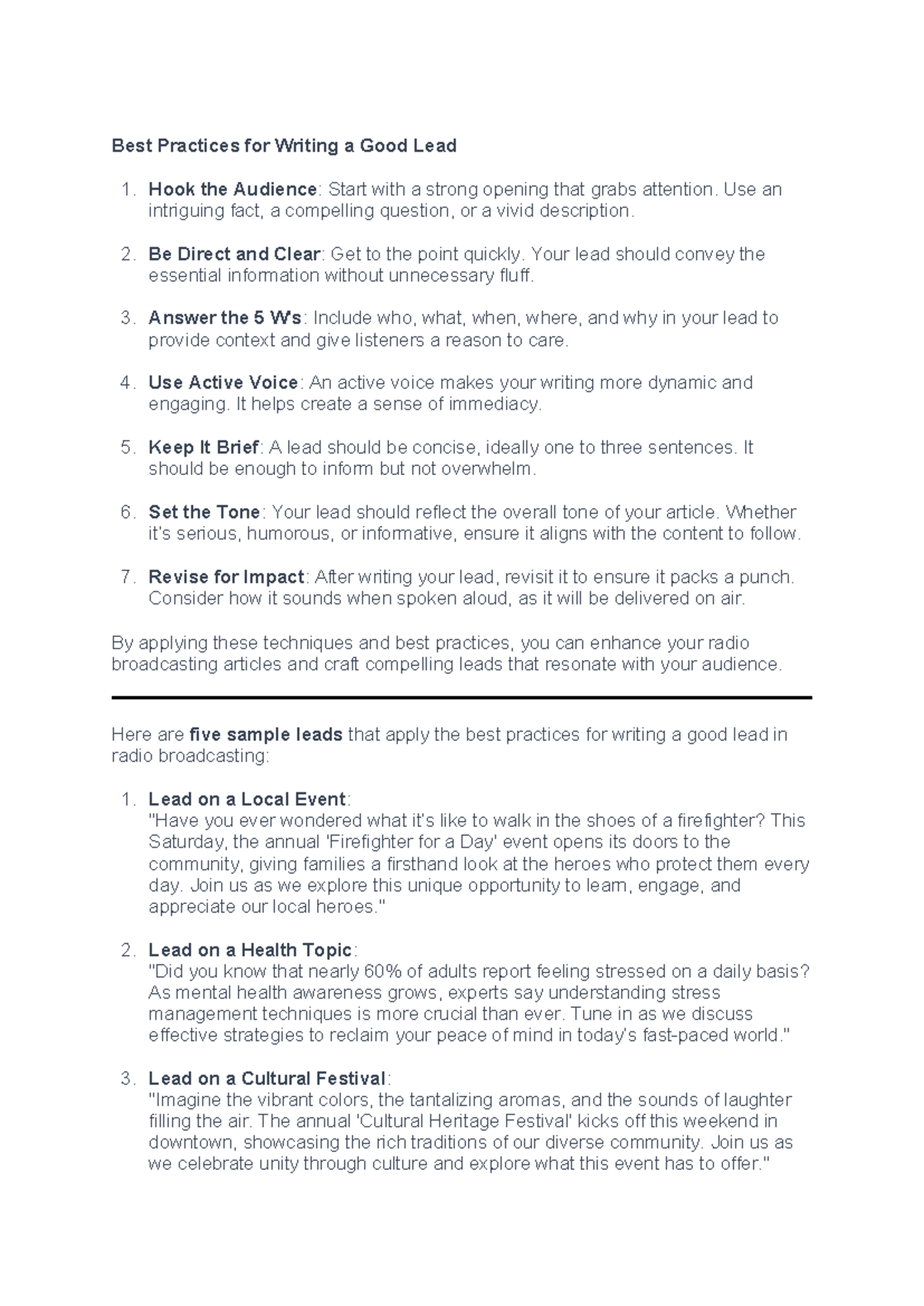 Best Practices for Writing a Good Lead With Samples - Best Practices ...