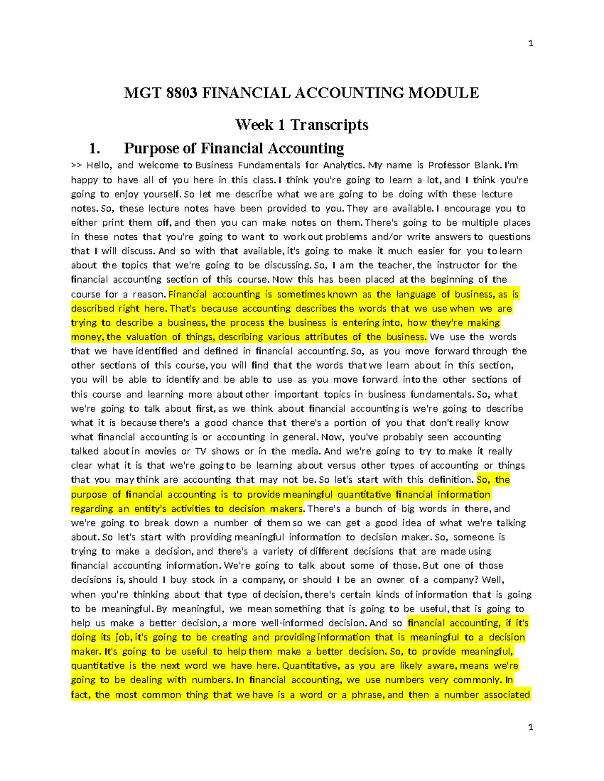 MGT 8803 Financial Accounting: Week 1 Lecture Transcripts - Studocu