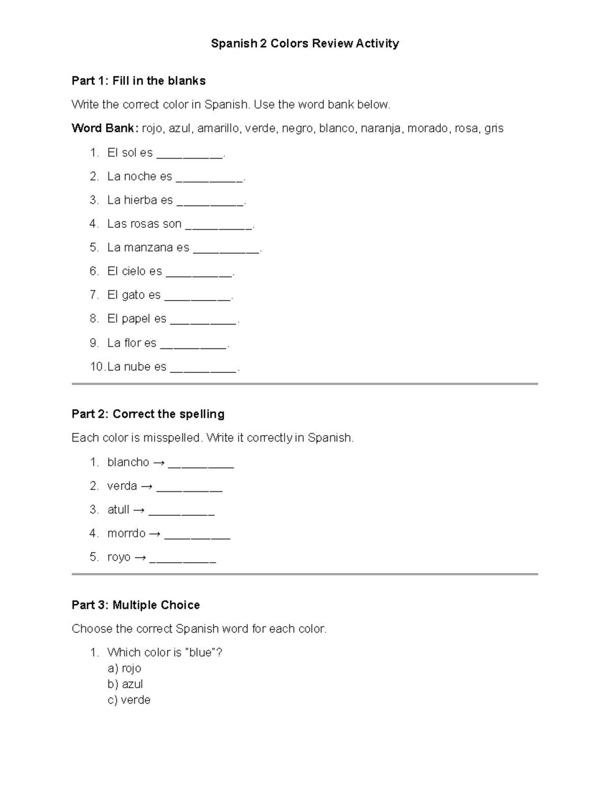 D5 Spanish 2 Colors Review Activity: Fill in the Blanks & More - Studocu
