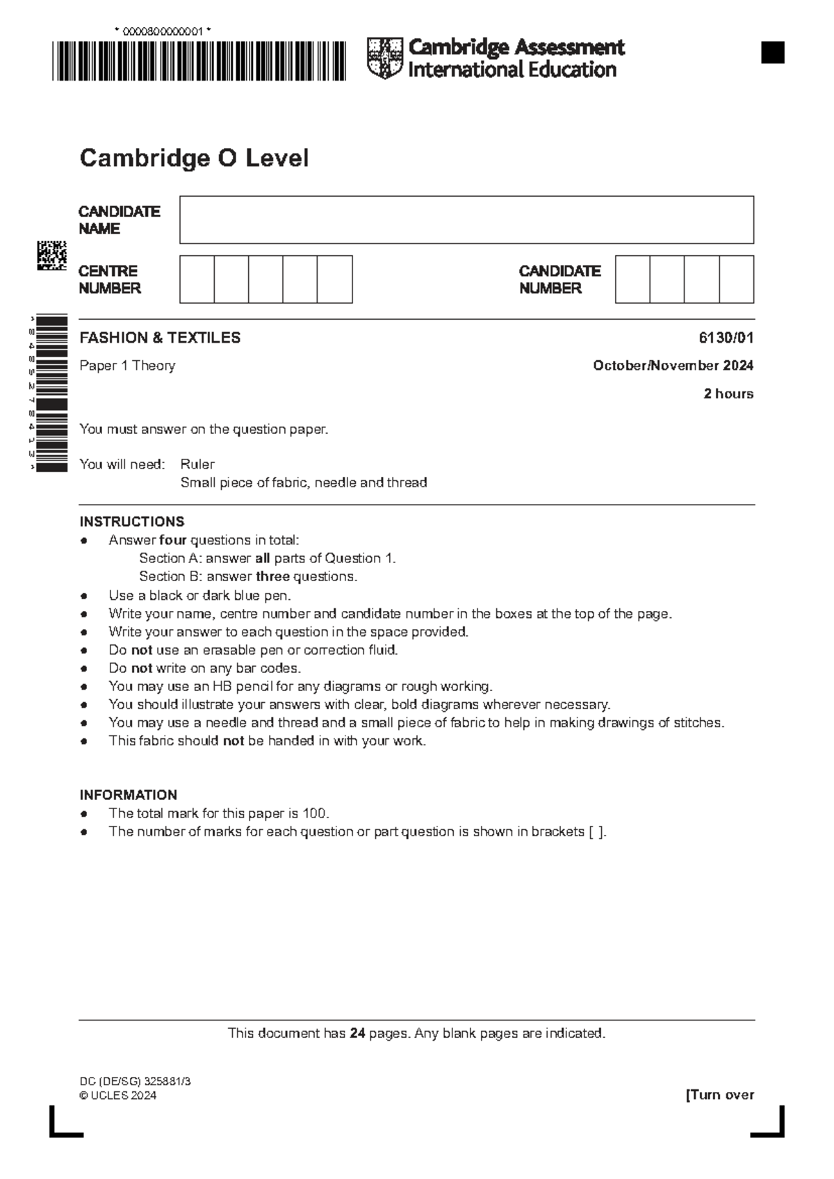 Cambridge O Level 6130/24 Fashion Textiles Paper 1 Theory 2024 - Studocu