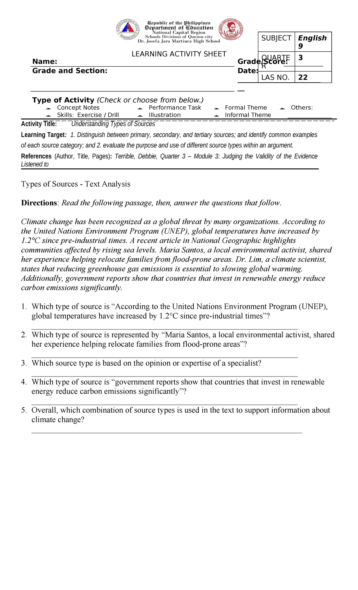 Q3-ENG9-LAS#22: Concept Notes on Types of Sources - Studocu