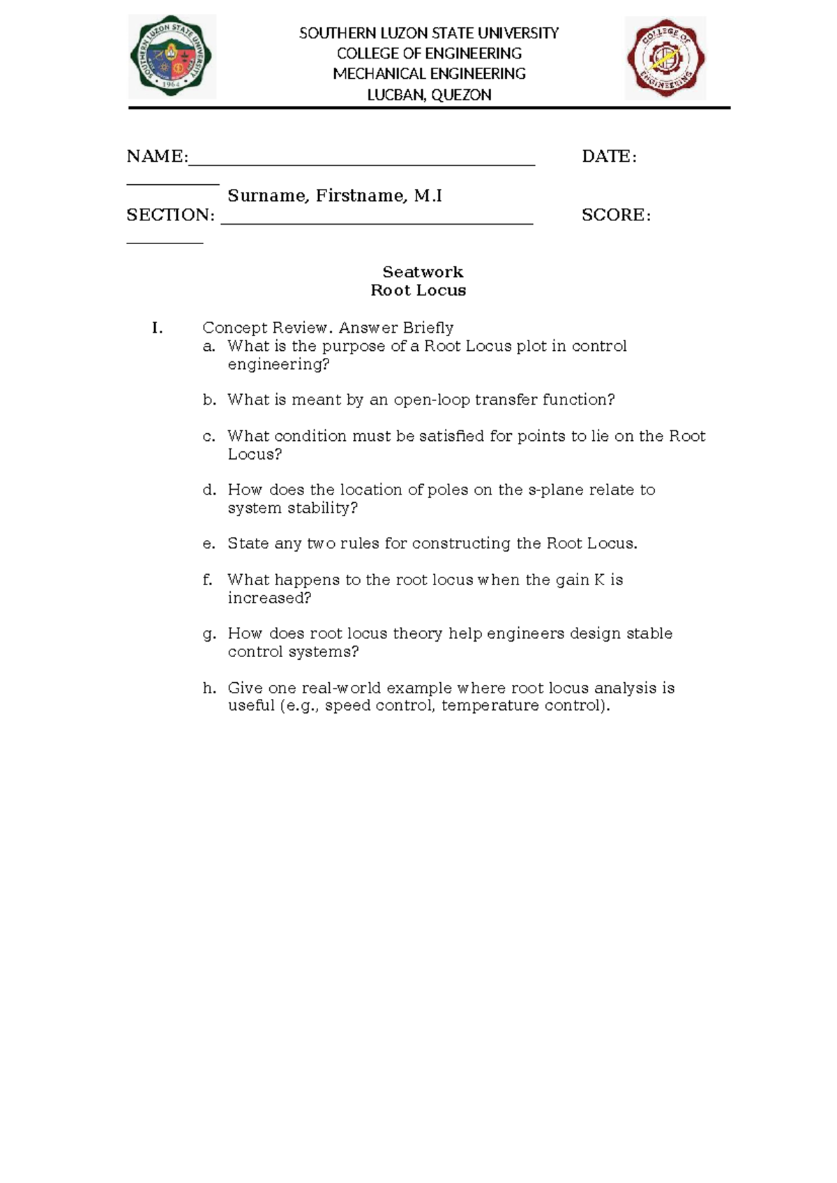 MCE17 Seatwork: Understanding Root Locus in Control Engineering - Studocu