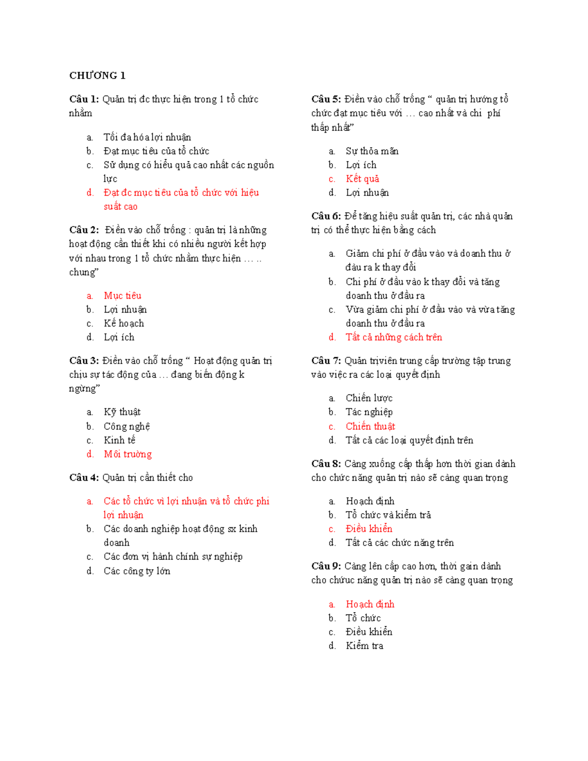 CHƯƠNG 1 - ádasdasd - CHƯƠNG 1 Câu 1: Quản trị đc thực hiện trong 1 tổ ...