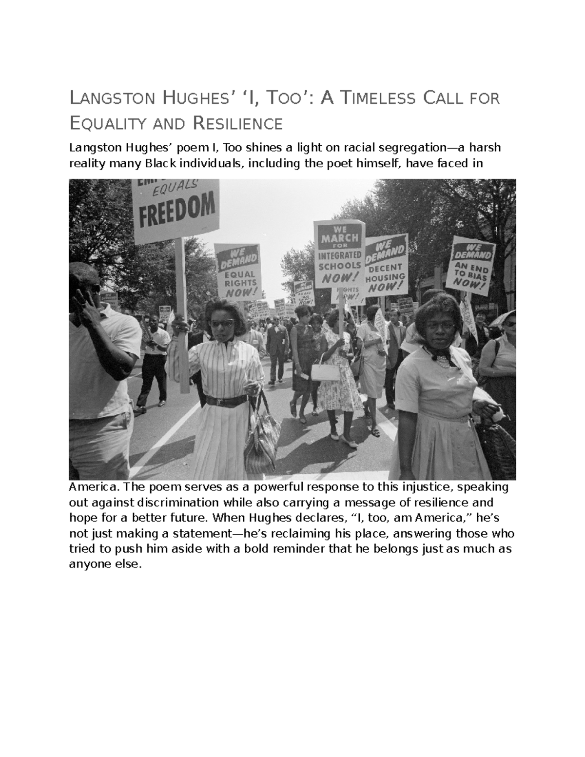 Langston Hughes - Poem Analysis Worksheet for "I, Too" Summary - Studocu