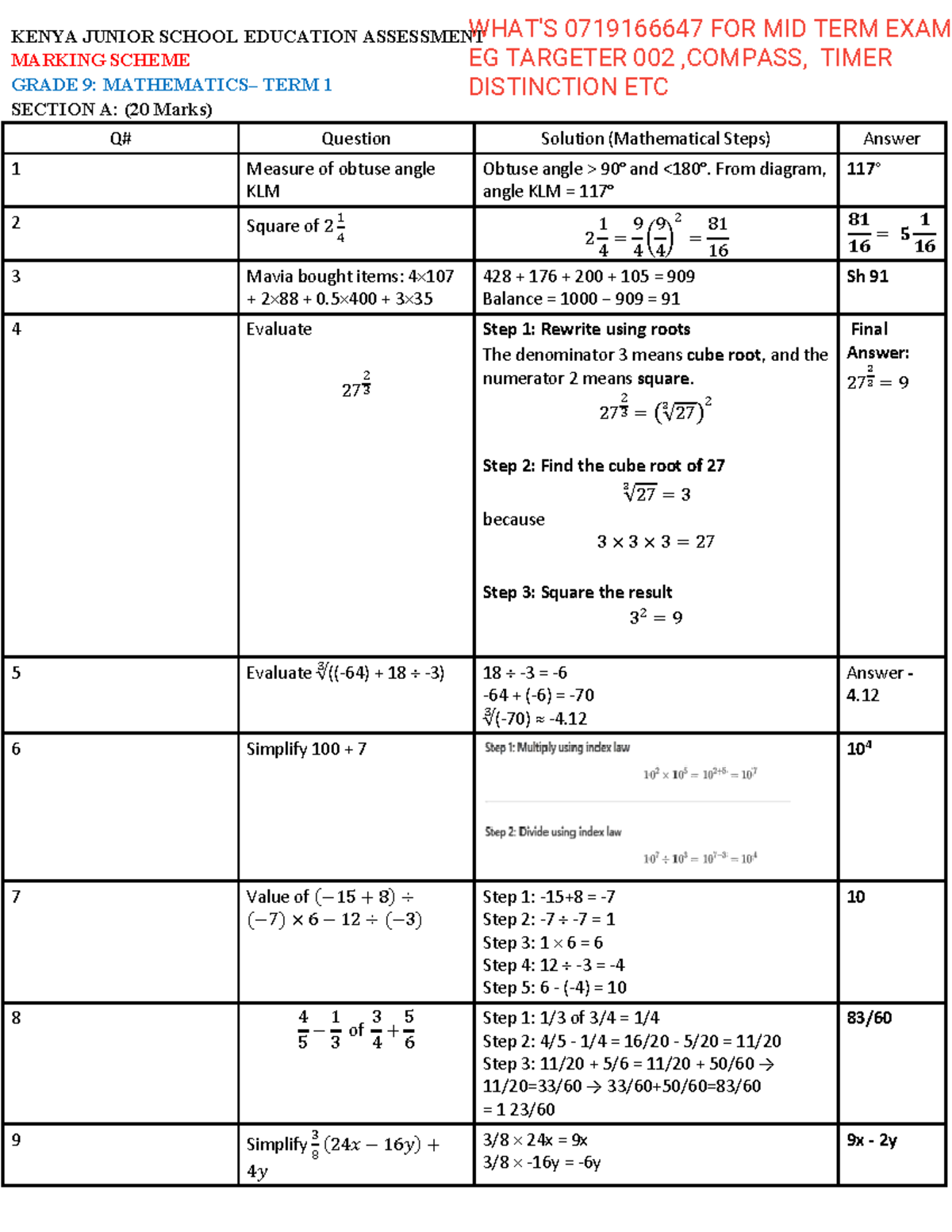 Grade 9 Mathematics 001 Midterm Exam Marking Scheme 2026 - Studocu