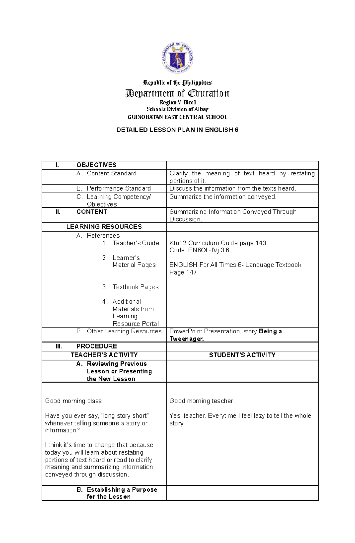 DAY 1 ENGLISH 6 DETAILED LESSON PLAN: SUMMARIZING TEXTS - Studocu