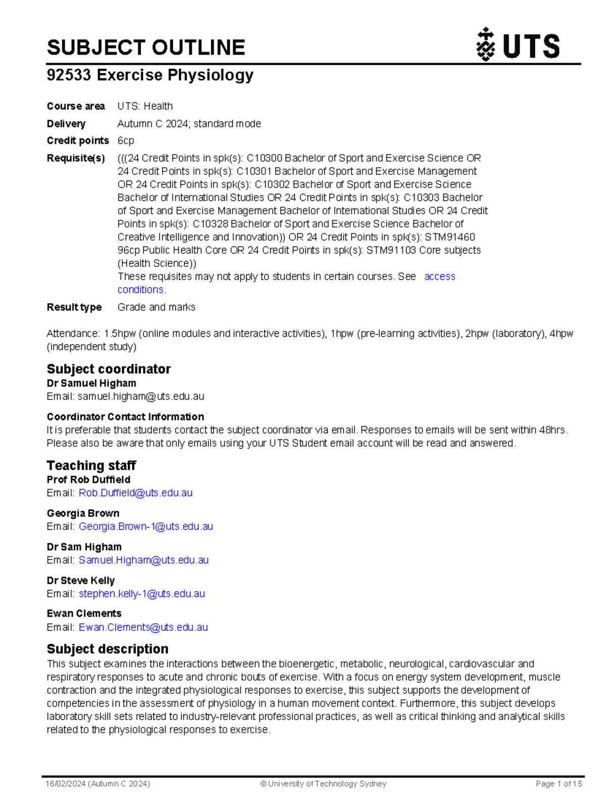 92533 - Exercise Physiology Course Outline (Autumn C 2024) - Studocu