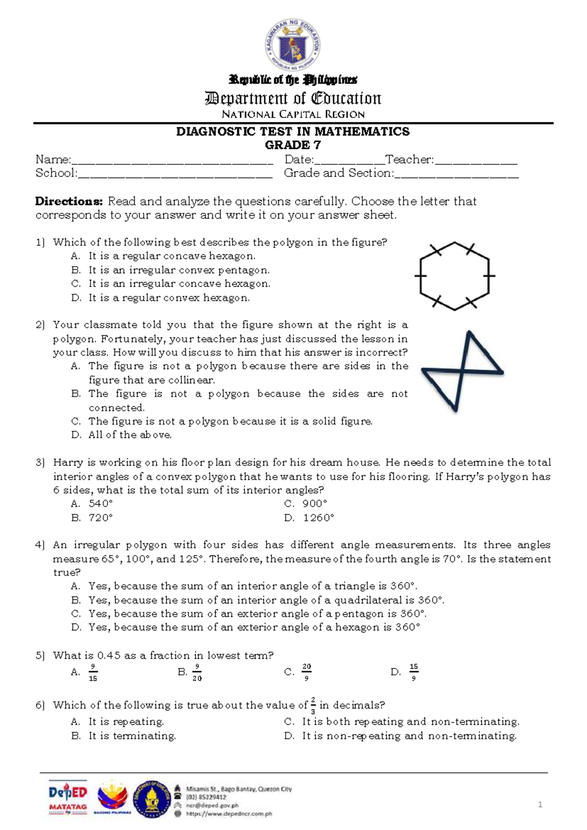 Diagnostic Test in Mathematics G7: Comprehensive Review - Studocu