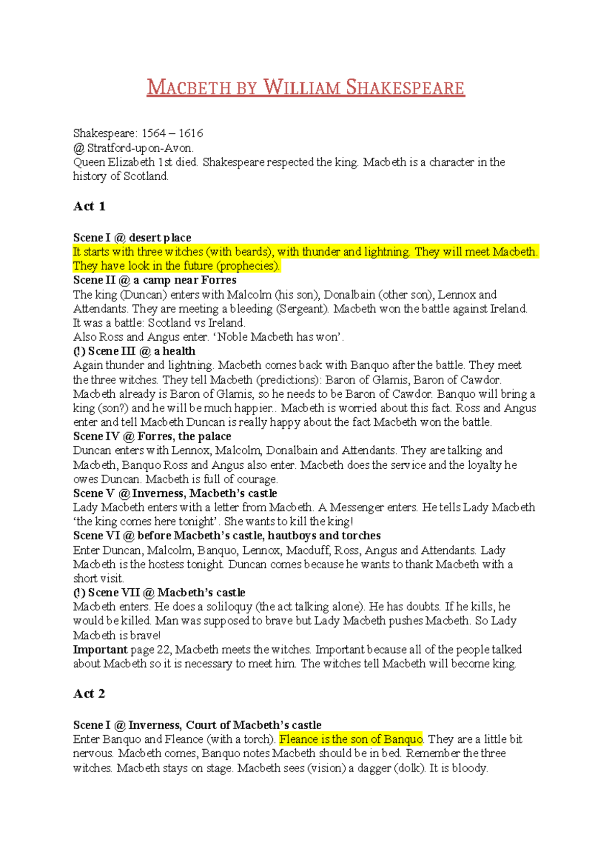 Macbeth Study Notes: Analyzing Shakespeare's Tragedy (ENG-101 ...