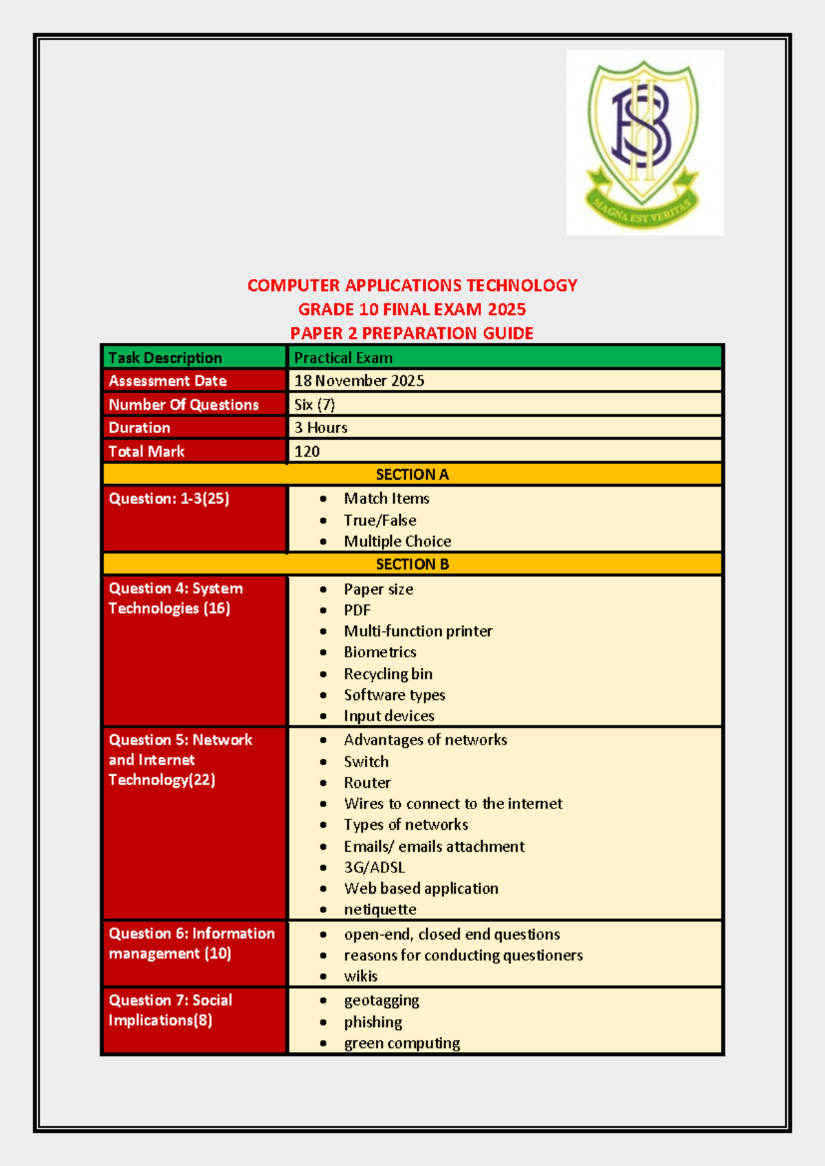COMPUTER APPLICATIONS TECHNOLOGY GRADE 10 FINAL EXAM 2025 PREP GUIDE - Studocu
