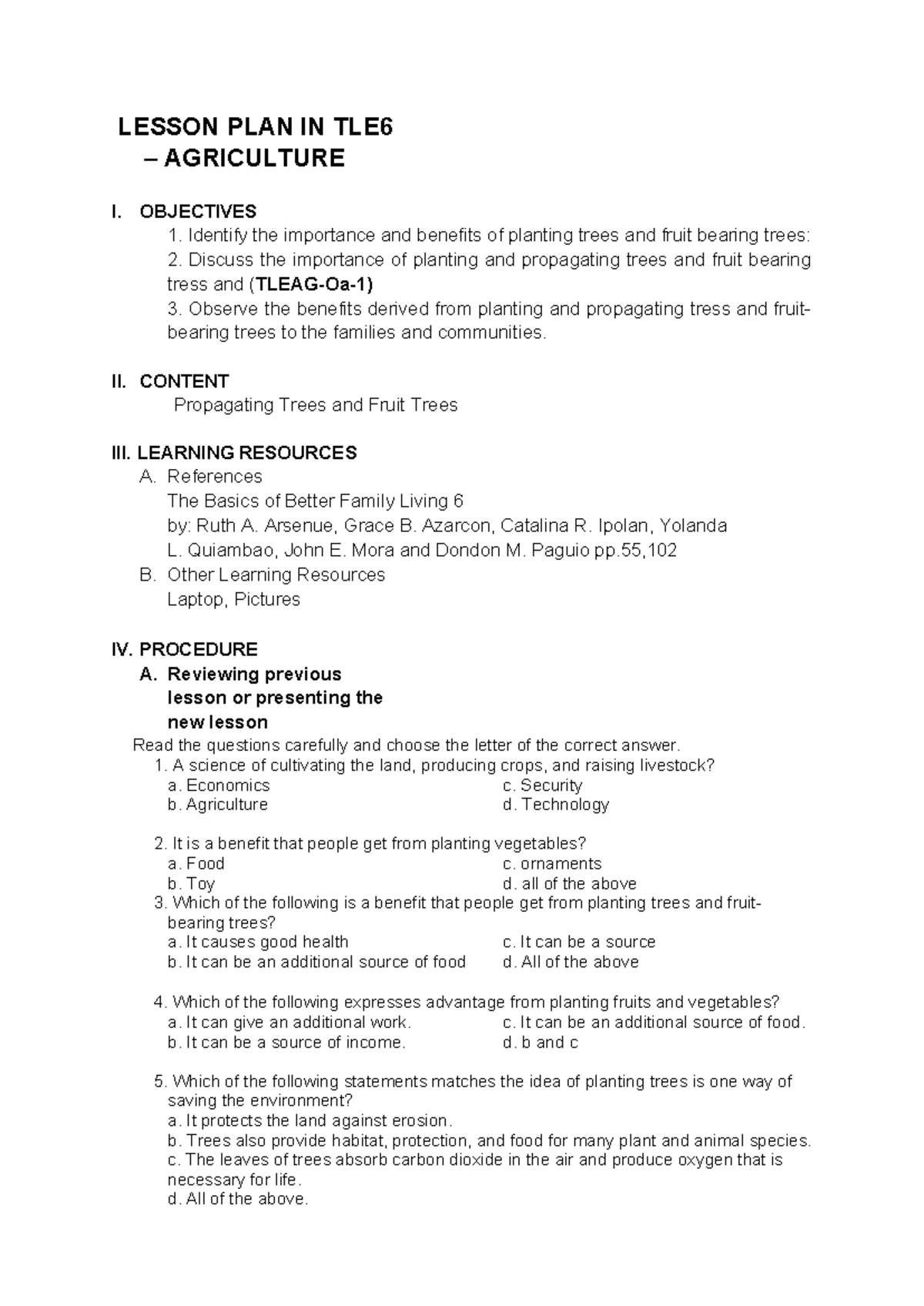 TLE6 Lesson Plan: Agriculture and the Importance of Tree Planting - Studocu