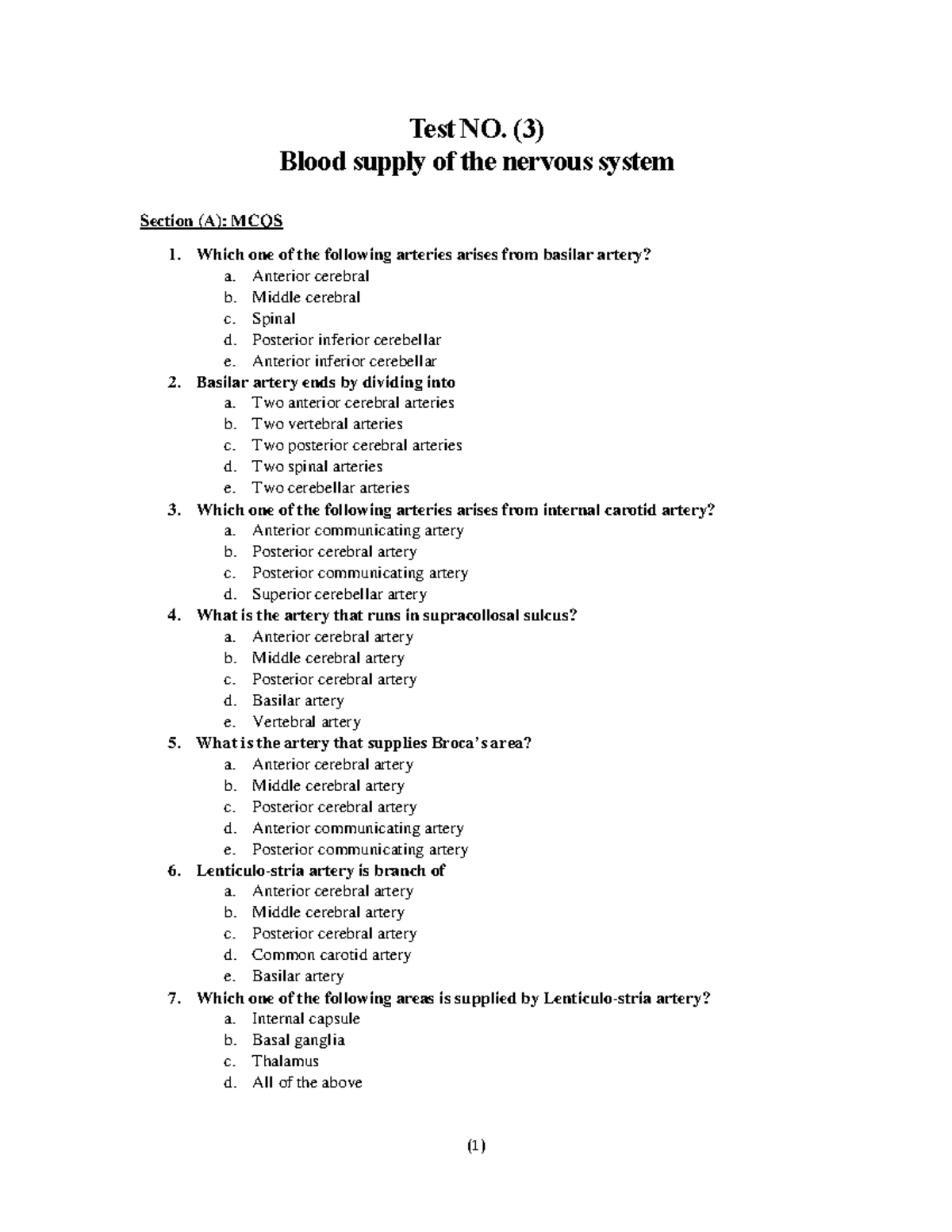 Test No. (3) Blood Supply of the Nervous System: MCQs - Studocu