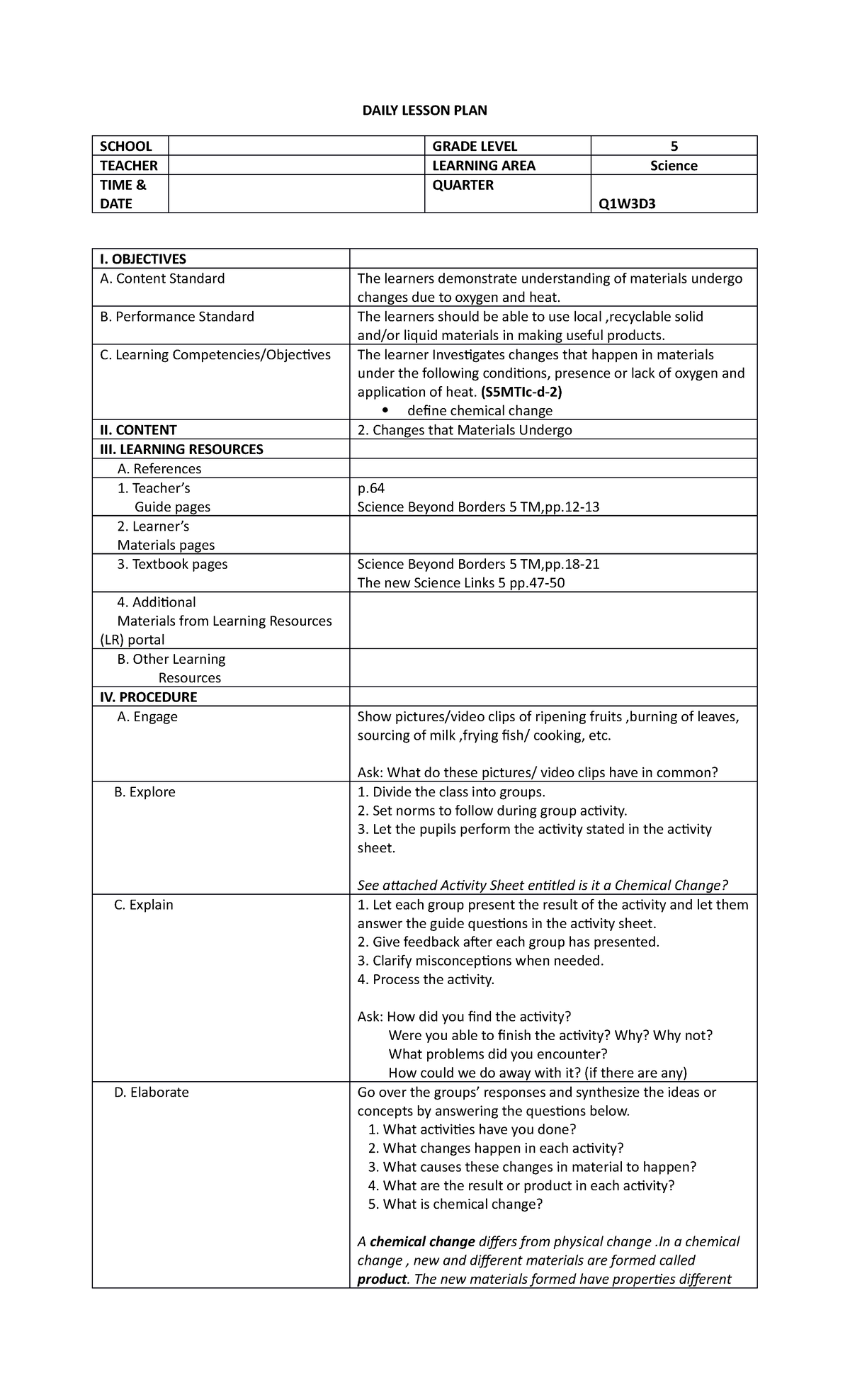 DLP-Chemistry - Detailed Lesson Plan on Chemical Changes for Grade 5 ...