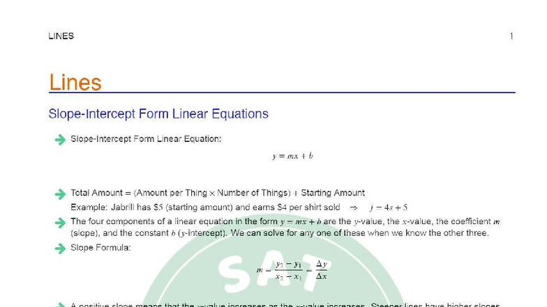 D SAT Math 2024 - Linear Equations and Quadratics Study Guide - Studocu