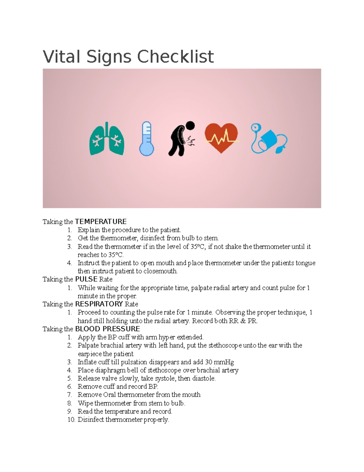 Vital Signs Procedures Checklist for Health Care Professionals - Studocu
