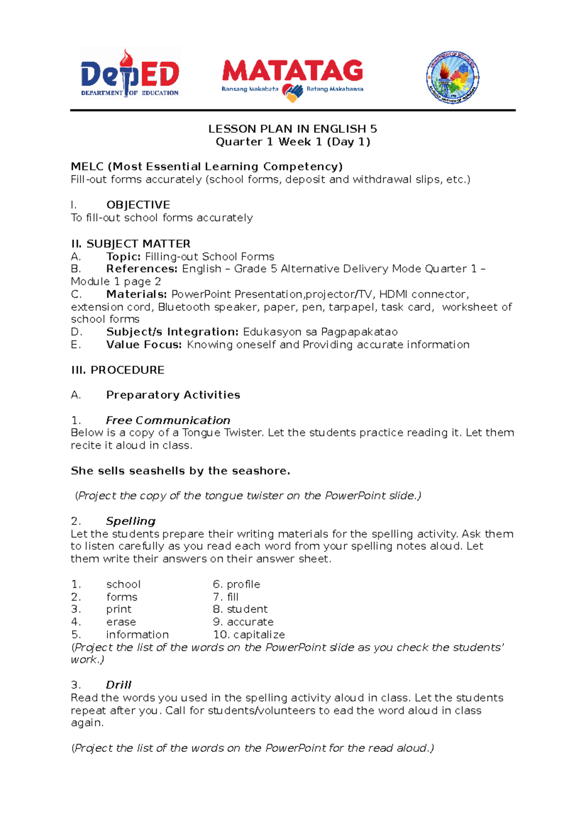 Lesson Plan: English 5 Q1 - Filling Out Forms (Week 1) - Studocu