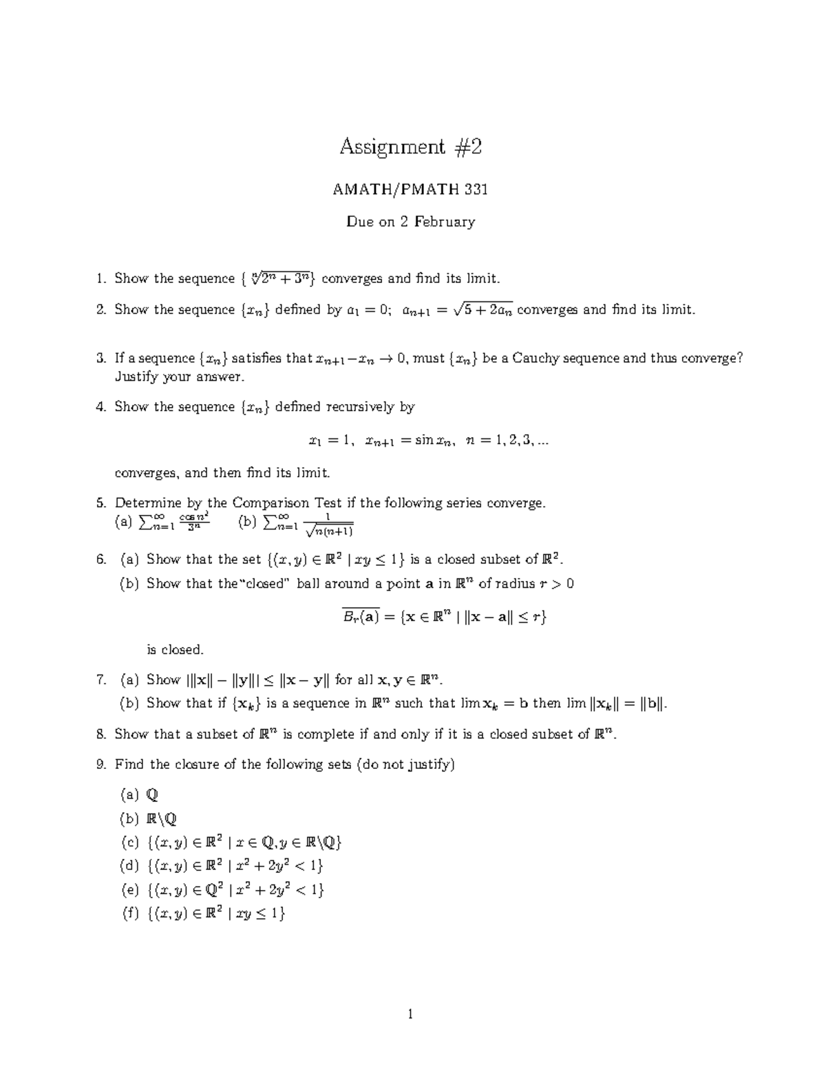 Amath 331 Assignment 2: Convergence of Sequences and Series - Studocu