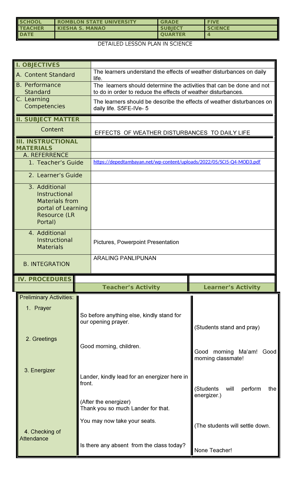 Detailed Lesson Plan on Weather Disturbances | Science Grade 5 S5FE-IVe ...