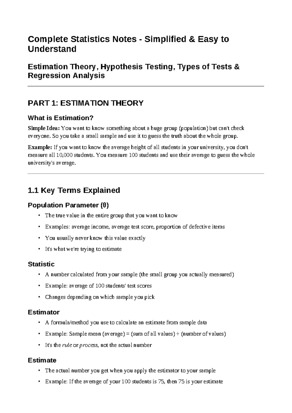 Statistics Module 4 Theory Notes: Estimation, Hypothesis Testing ...