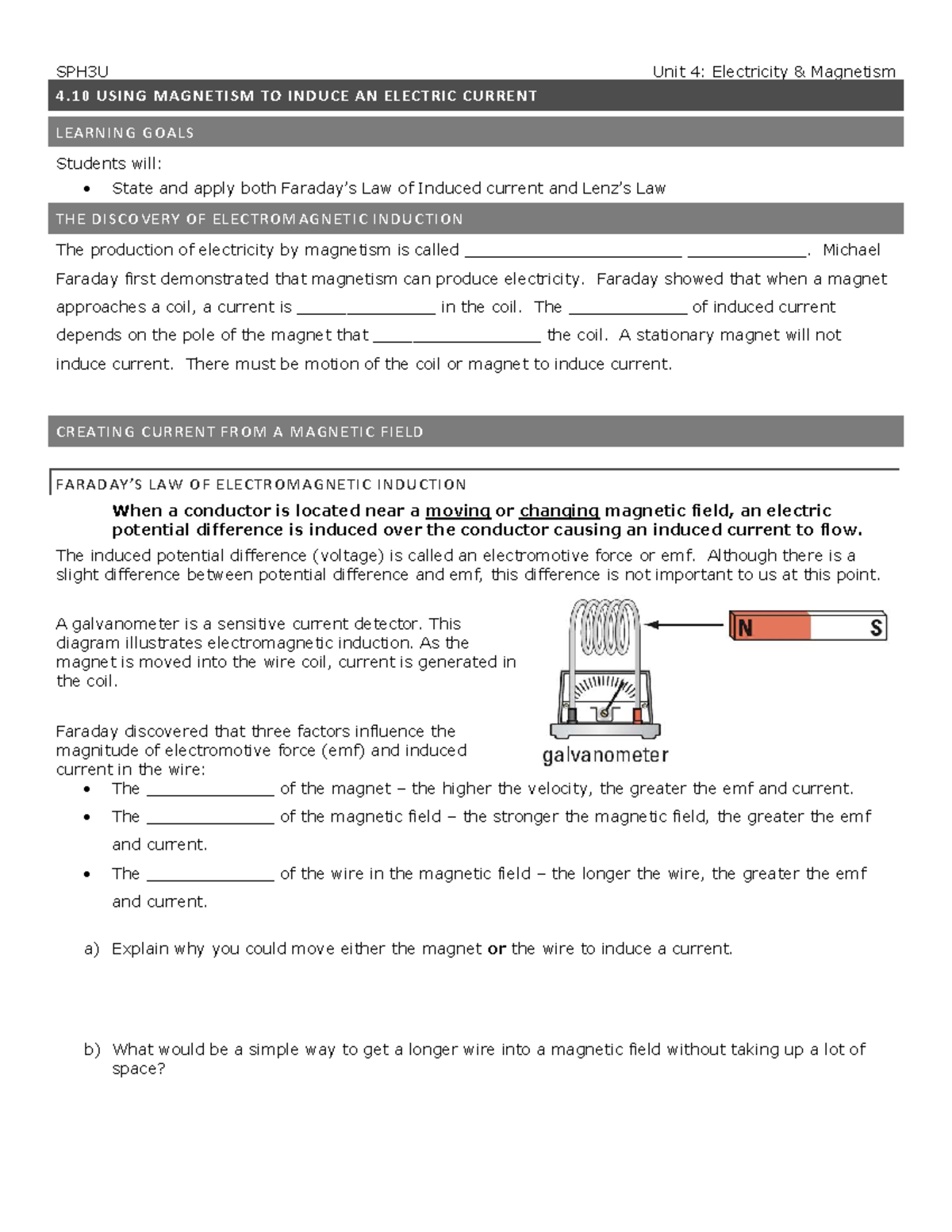 SPH3U Unit 4: Electricity & Magnetism - Faraday's Law & Induction - Studocu