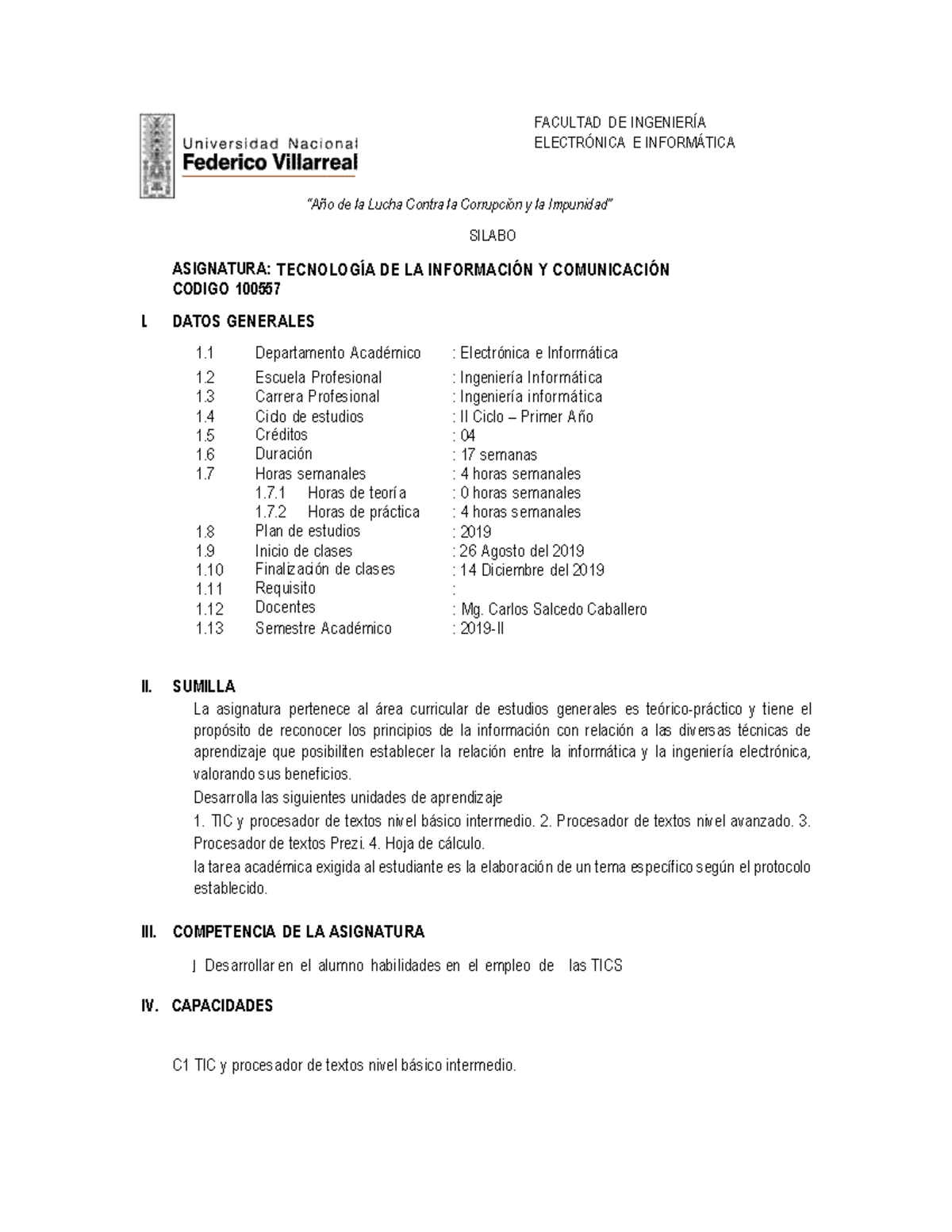 TIC y Procesadores de Texto: Silabo 100557 - Ingeniería Informática - Studocu