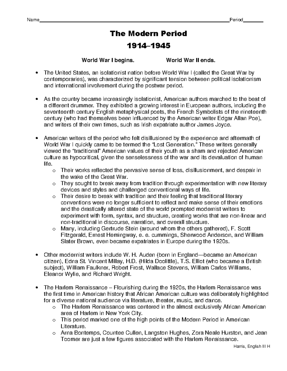 Modern Period Analysis - Survey of American Literature (English III H ...
