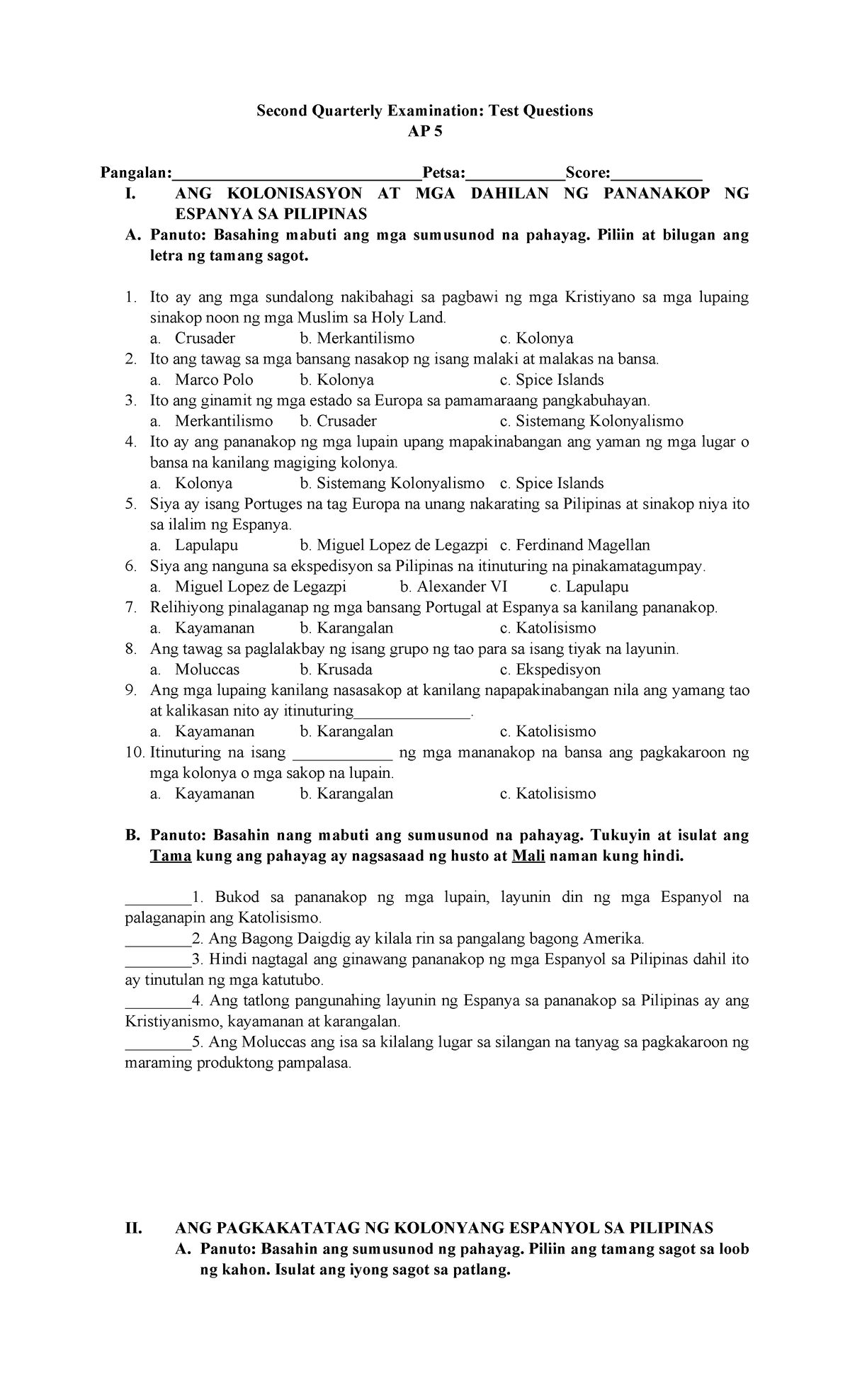 AP 5 - Second Quarterly Exam: Test Questions on Colonization and ...