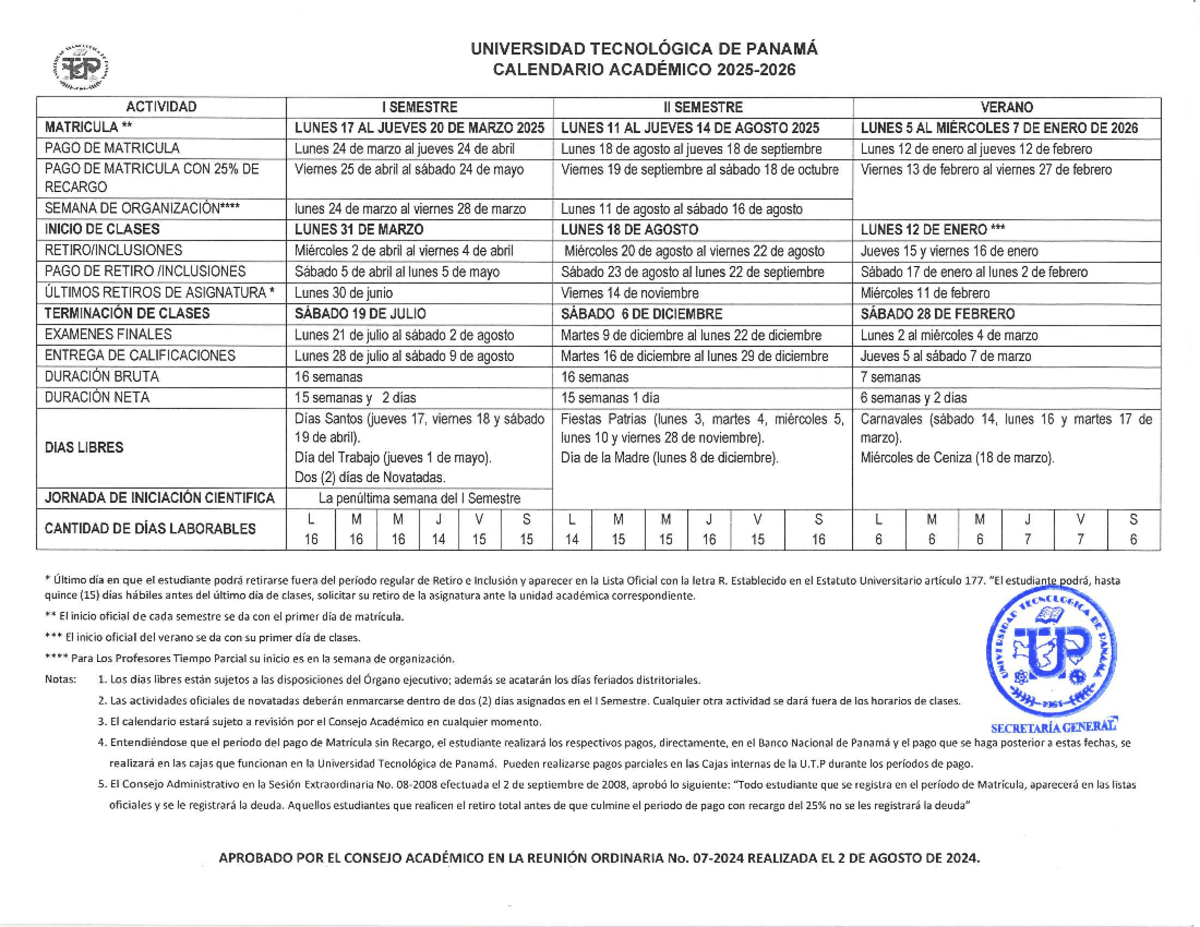 Calendario Académico UTP 2025-2026: Actividades y Fechas Clave - Studocu