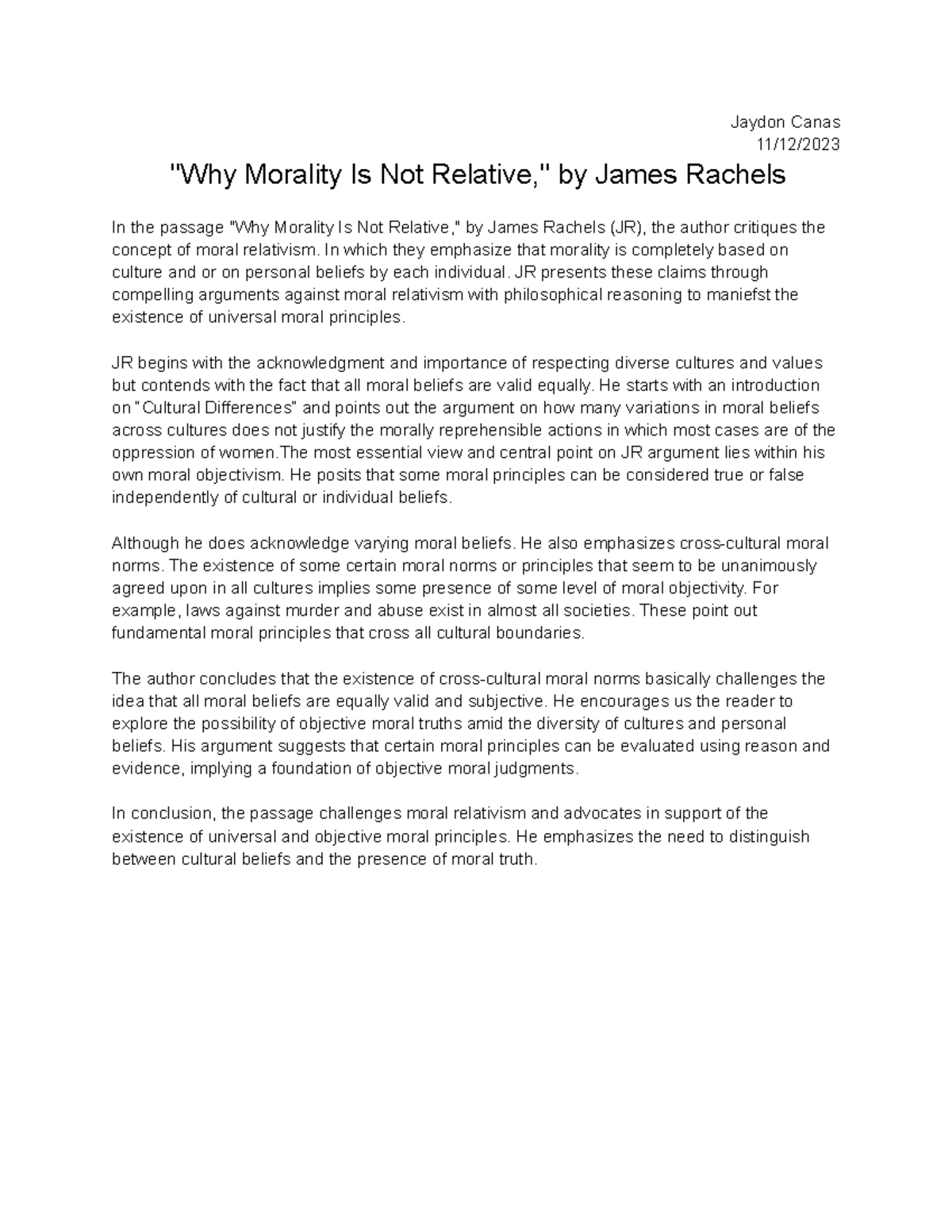 PHIL 101: Summary of "Why Morality Is Not Relative" by James Rachels ...