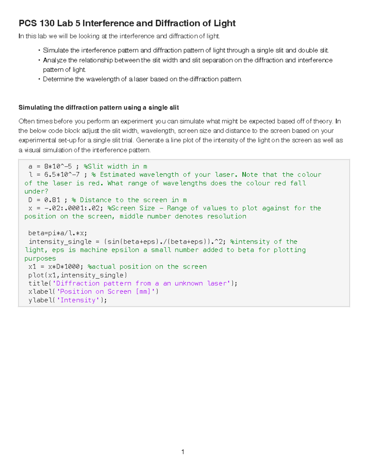 PCS 130 Lab 5: Interference & Diffraction of Light Worksheet - Studocu