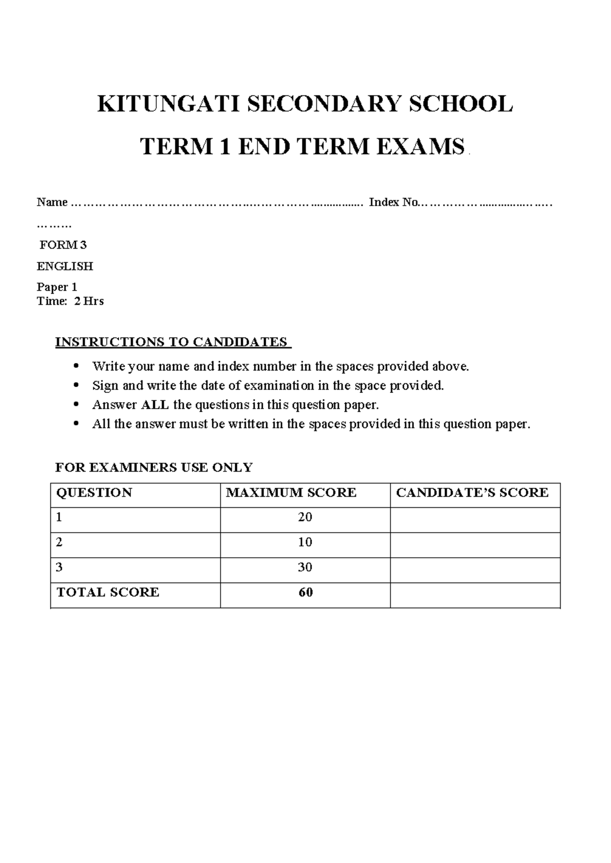 Form 3 English Term 1 Exam Paper 1 Mod21042022001 - Studocu