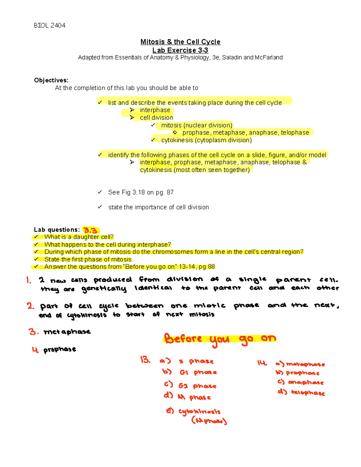 BIOL 2404 Lab Exercise: Mitosis & Cell Cycle Overview - Studocu