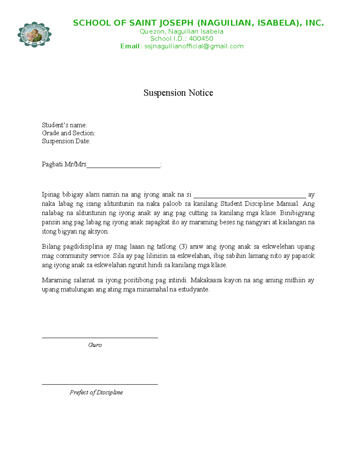 Suspension Notice Sample - School of Saint Joseph - Filipino - Studocu