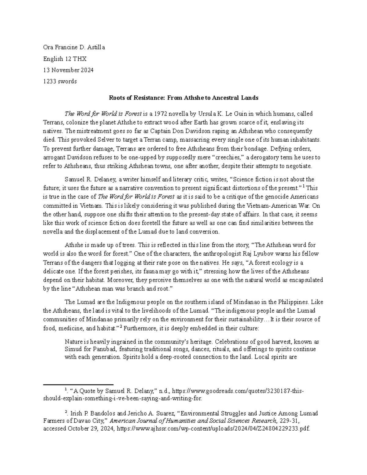Eng12THX Astilla-Essay on The Word for World Is Forest - Ora Francine D ...