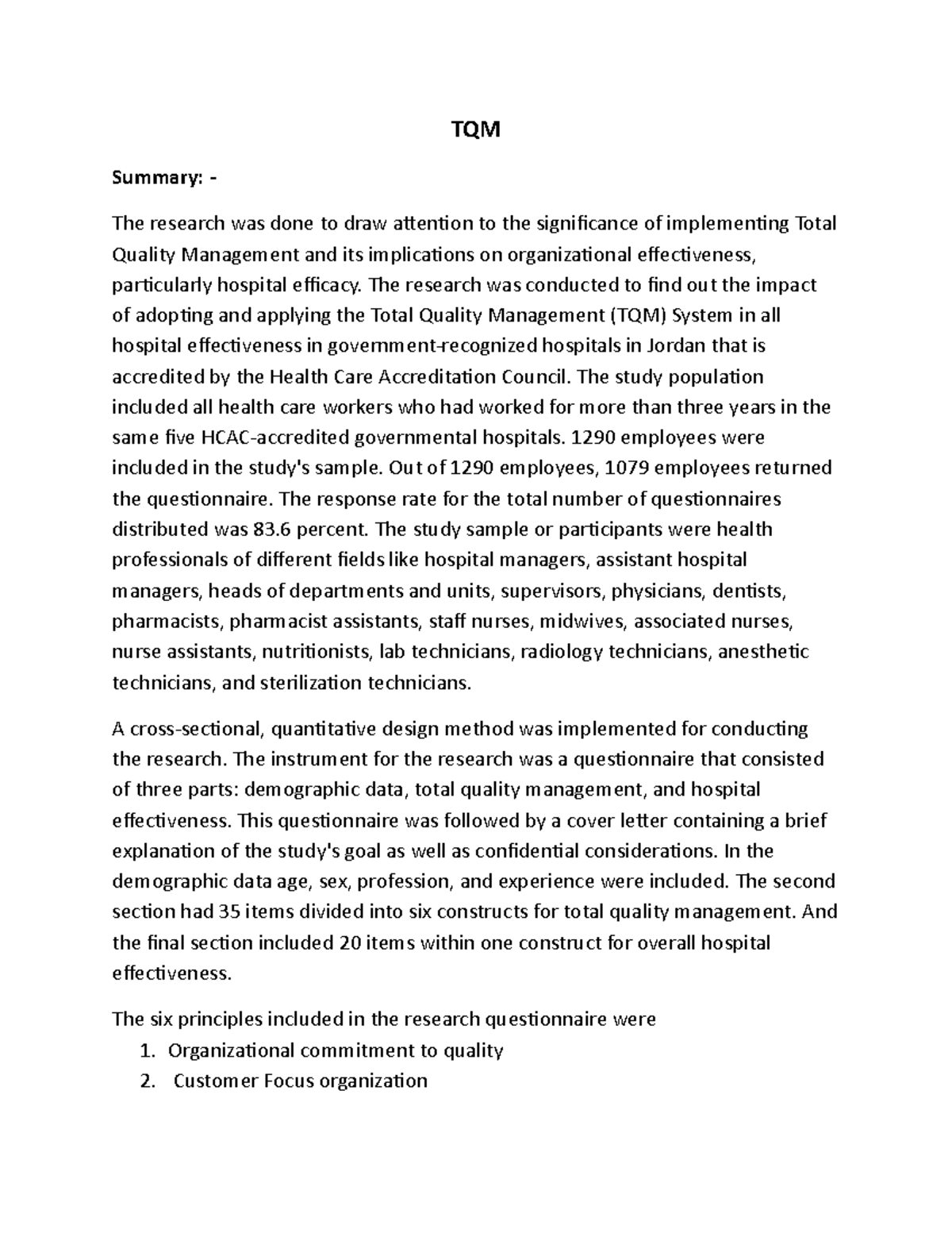 TQM Summary - TQM Summary: - The research was done to draw attention to ...