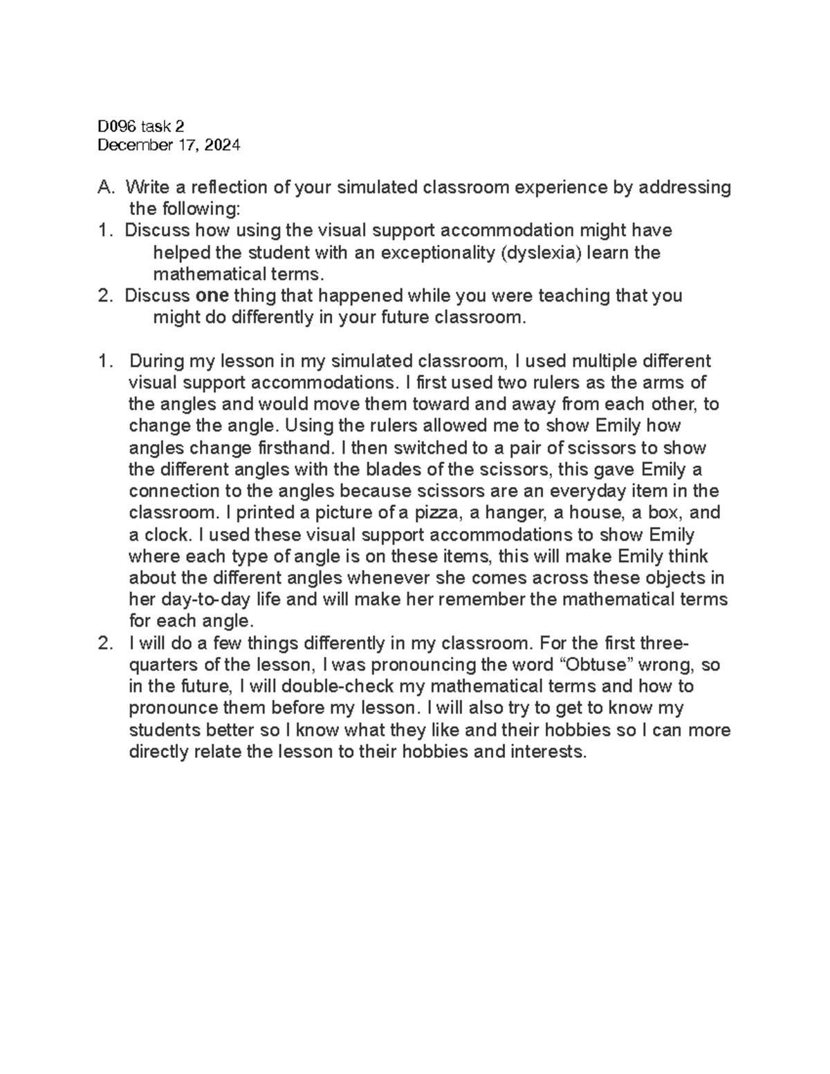 D096 task 2 reflection on simulated classroom experience - Studocu