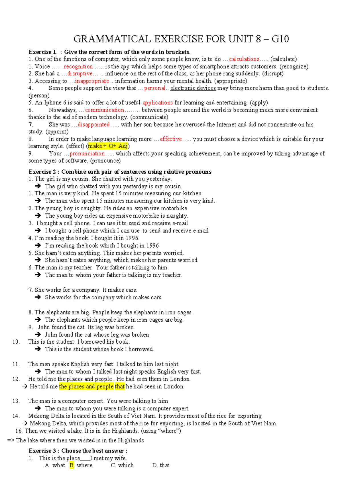 Relative Clause Exercises - G10 Grammatical Practice - Studocu