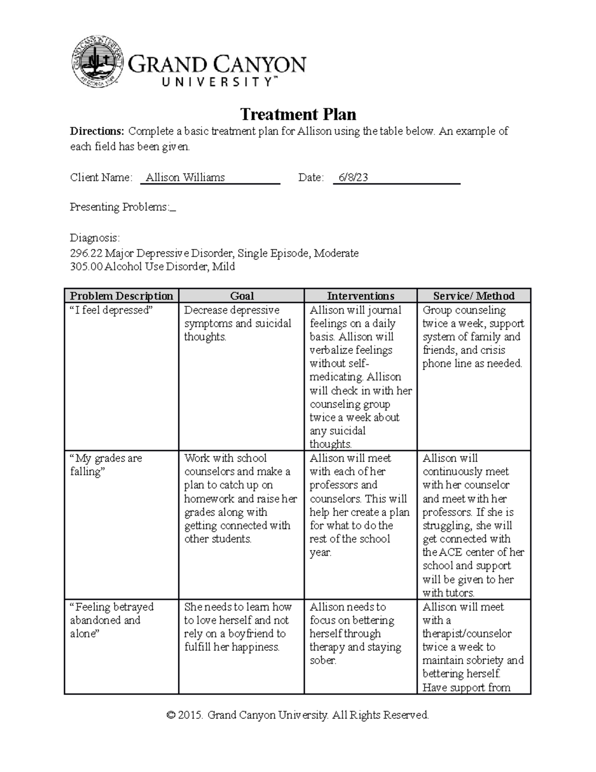 PCN255 - worksheet - Treatment Plan Directions: Complete a basic ...