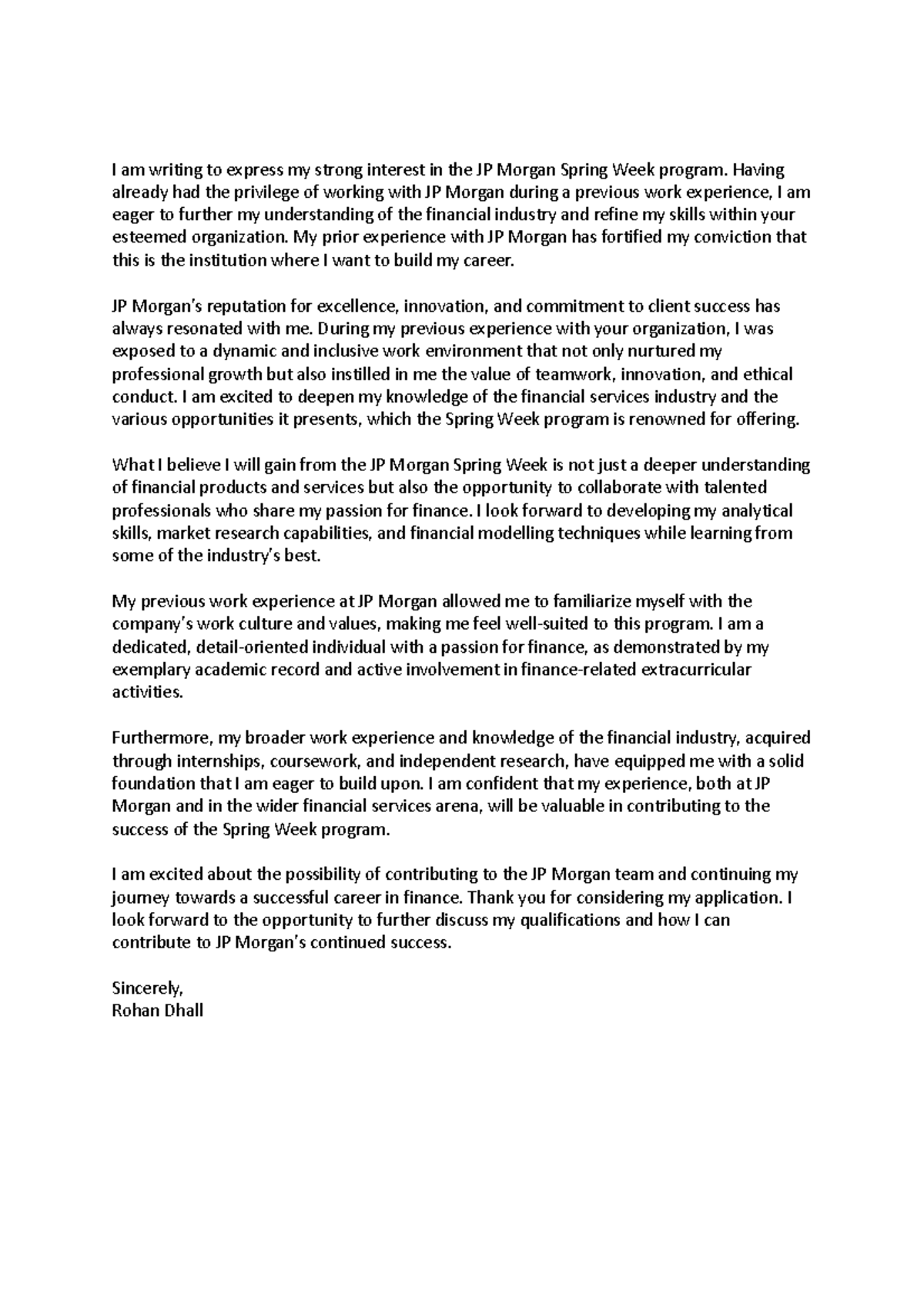 JP Morgan Spring Week Cover Letter - Application by Rohan Dhall - Studocu