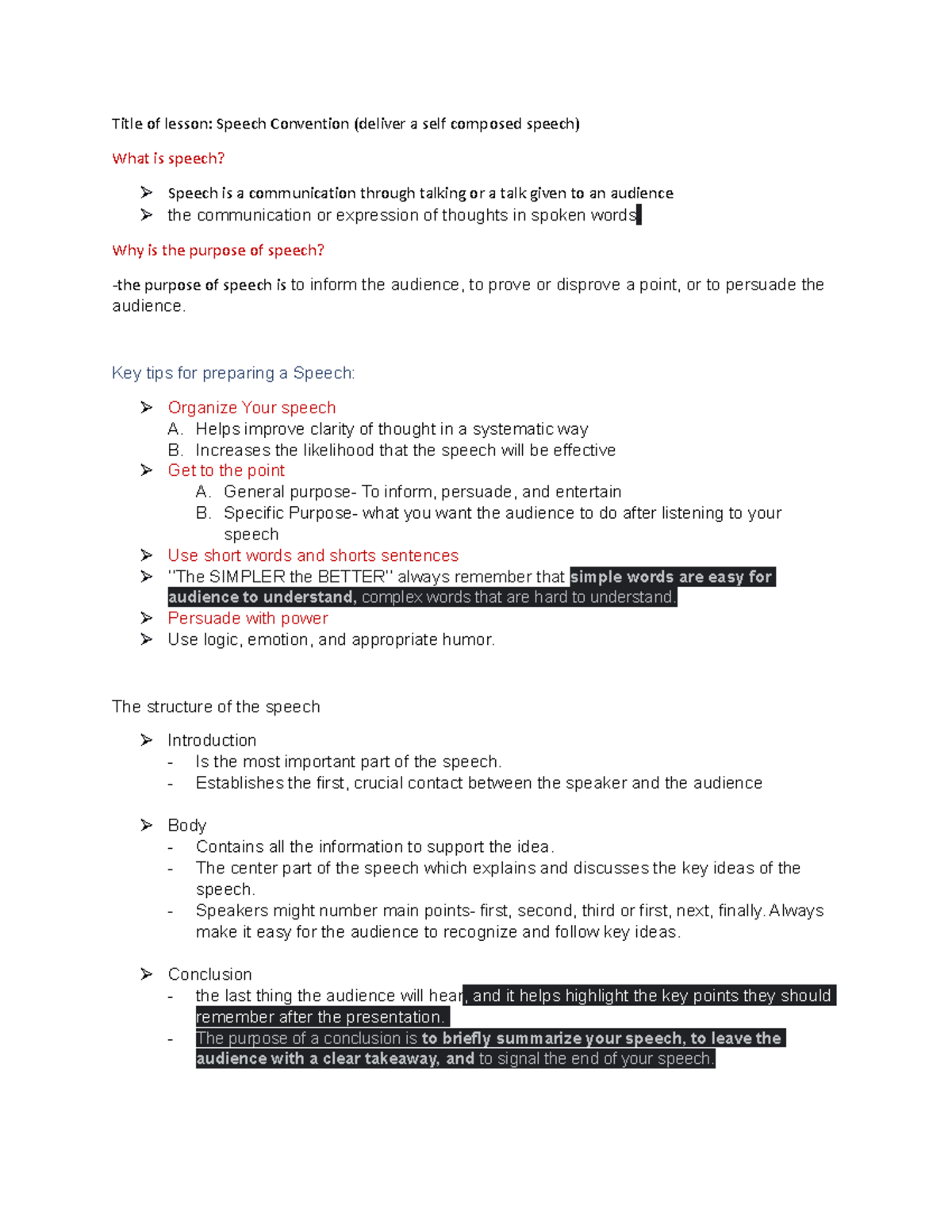 Speech Convention Guide: Delivering a Self-Composed Speech - GRADE 8 ...