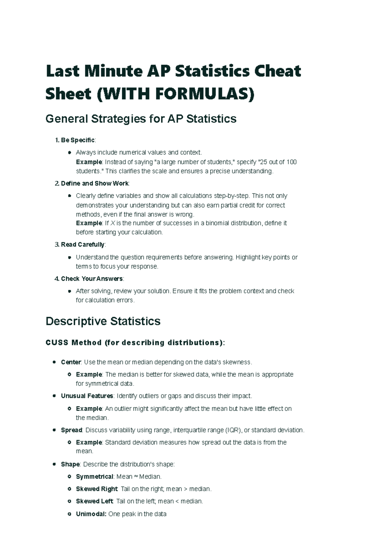 Last Minute AP Stats Cheat Sheet (Formulas & Key Concepts) - Studocu