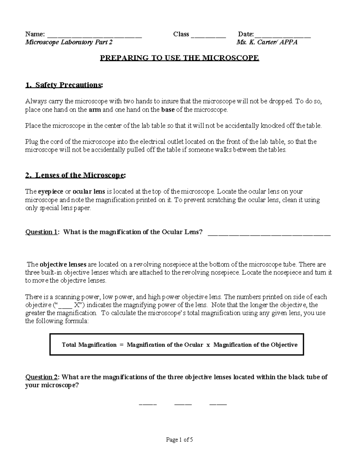 LAB - Microscope Use & Safety Guidelines (Class Ms. K) - Studocu