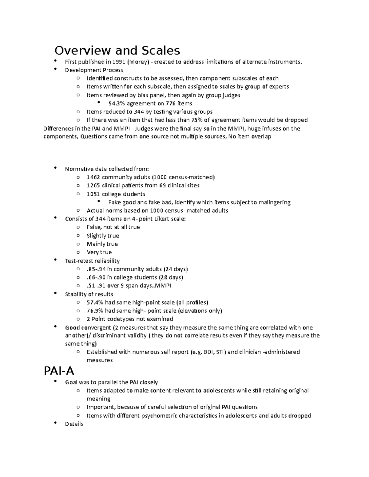 PAI Notes - Background, description, and breakdown of scales, strengths ...