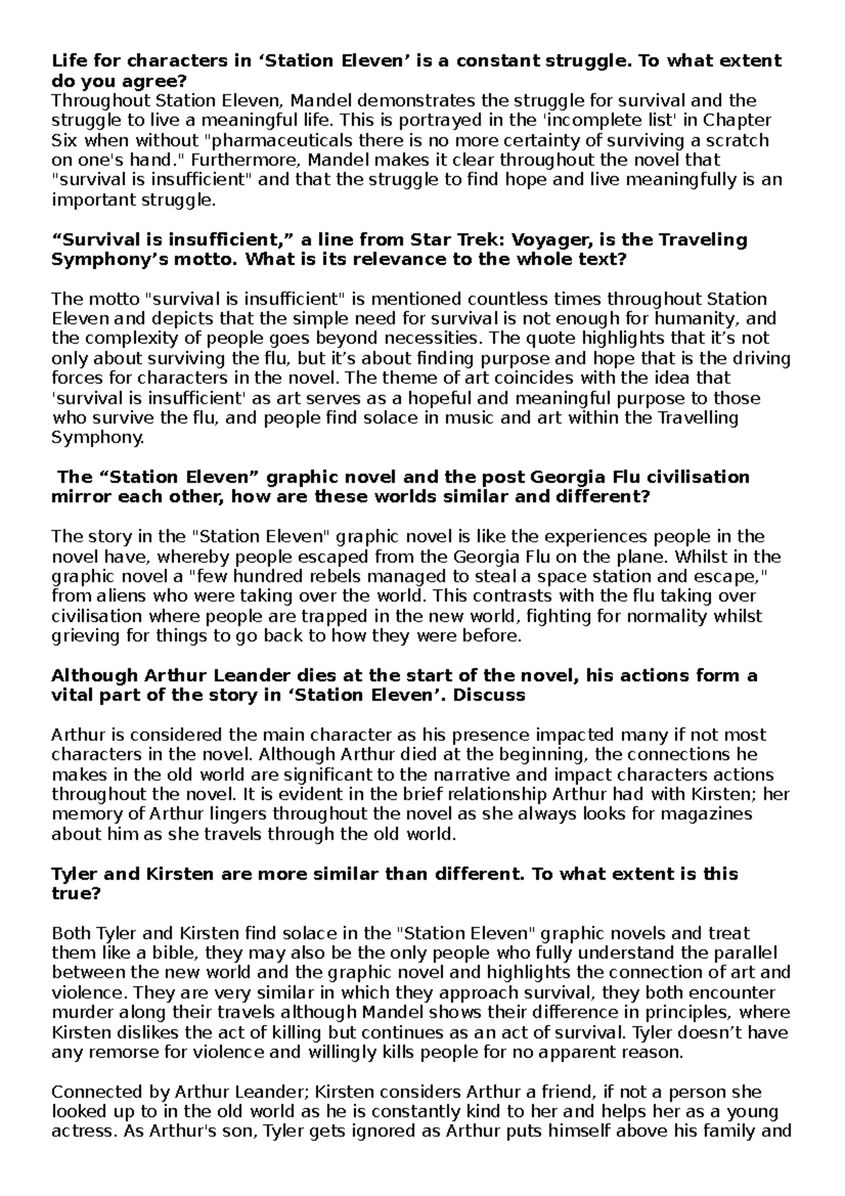 Station Eleven (ENG 202) - Essay Questions and Analysis Guide - Studocu