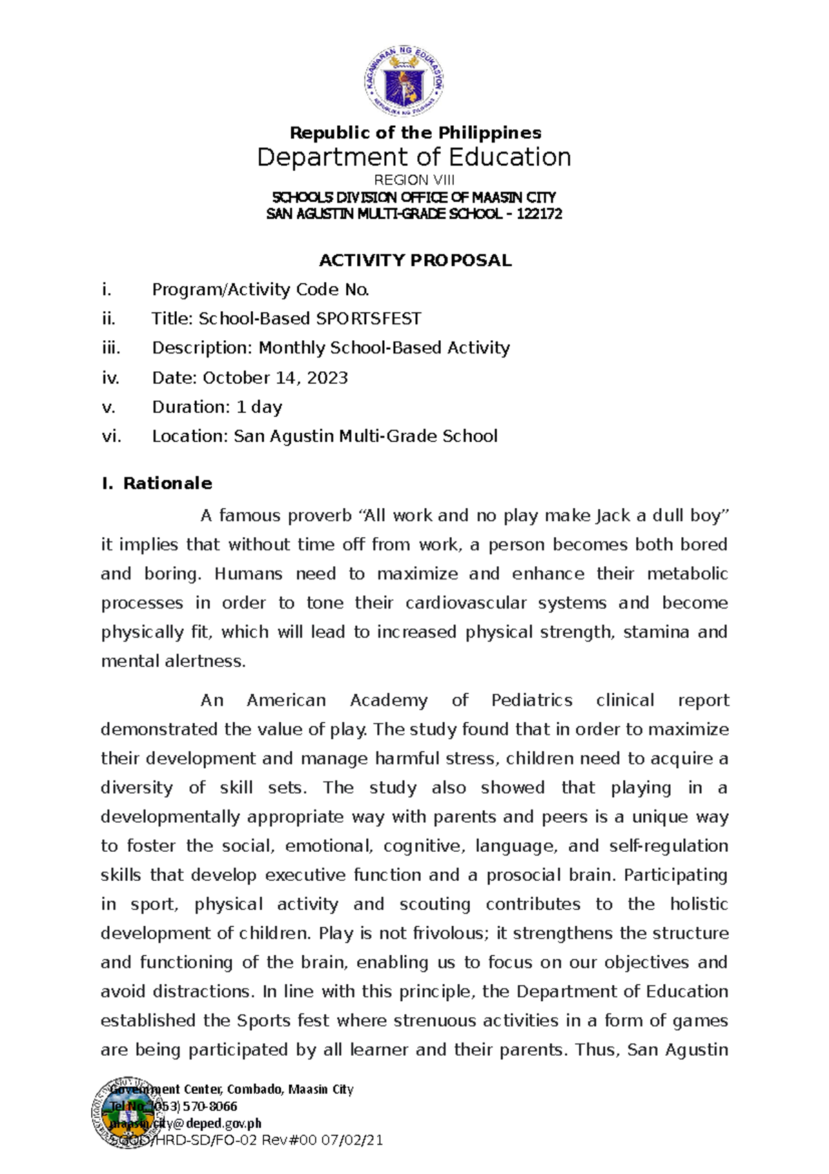 Activity Proposal for School-Based Sportsfest 122172 on Oct 14, 2023 ...