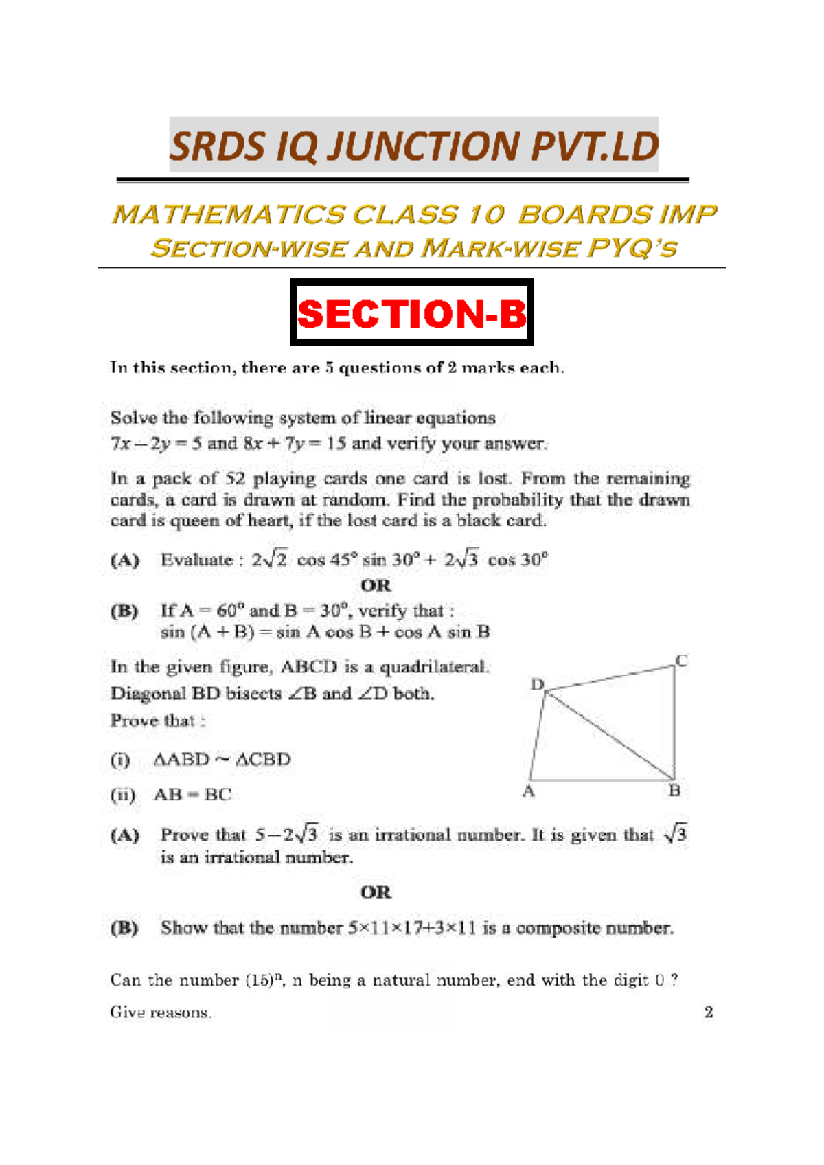 SRDS Class 10 Maths PYQ Mark-wise Analysis and Solutions - Studocu