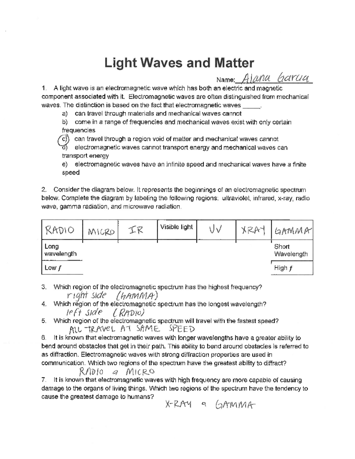 Light Waves and Matter Worksheet - Electromagnetic Spectrum ...